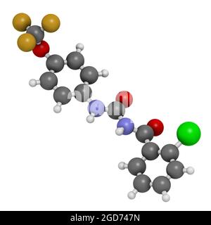 Triflumuron insecticide molecule. 3D rendering. Atoms are represented ...