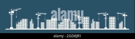 Construction of new microdistrict of city. Cranes and Tractors. Modern ...