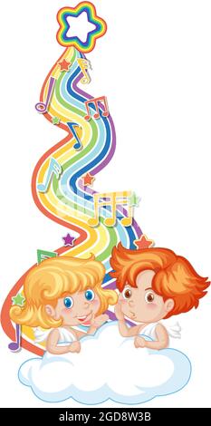 Cupid girl with melody symbols on rainbow wave illustration Stock ...