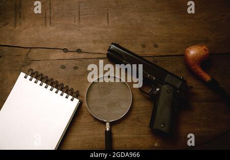 Private detective empty workplace with crime case evidences board ...