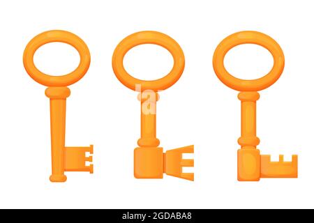 Golden key, ancient castle tool in cartoon style isolated on white ...