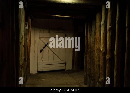 Old corridor propped up with wooden beams in the Wieliczka Salt Mine ...