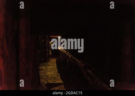 Old corridor propped up with wooden beams in the Wieliczka Salt Mine ...