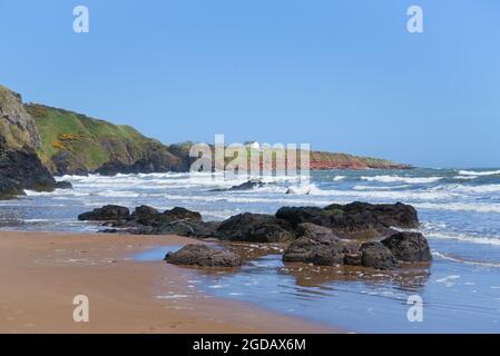St Cyrus, beach, volcanic; rocks; Angus, bright, sunny, famous beach ...