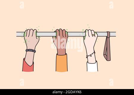 Hand holding the handrail in transport. Handles for safety ...