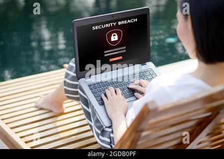 Hand tying laptop computer with password login on screen, cyber ...