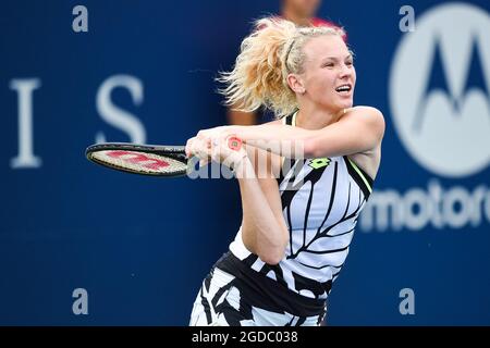 Montreal, Quebec. August 12, 2021: Bianca Andreescu (CAN) serves the ...