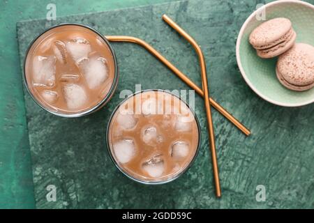 Composition with glasses of tasty iced coffee on color background Stock ...