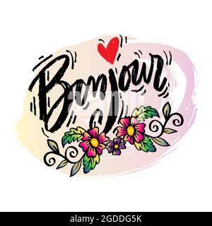 Bonjour lettering with flower. Greeting card Stock Photo - Alamy