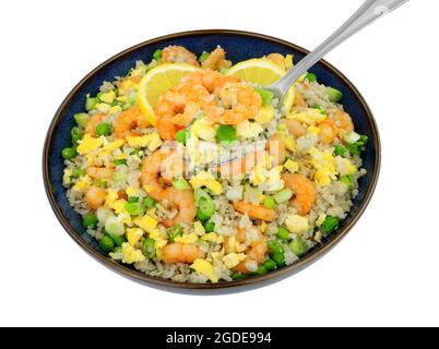 Chinese king prawn egg fried rice meal isolated on a white background ...