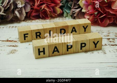 Happy Friday alphabet letter on shelves wooden background Stock Photo ...