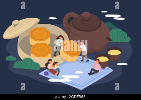 Family reunion on mooncake festival. Flat illustration of family ...