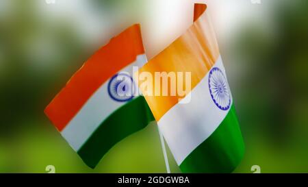 Two Indian tricolor national flags in nature background. Independence ...