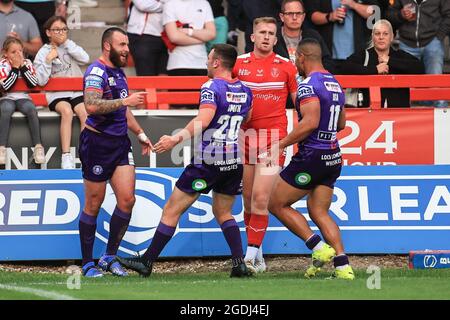 Jake Bibby of Wigan celebrates his try Stock Photo - Alamy