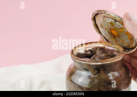 Botulism, food poisoning from canned foods concept. Glass jar wi Stock ...