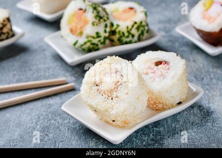 Sushi set on grey stone background. Healthy food Stock Photo - Alamy
