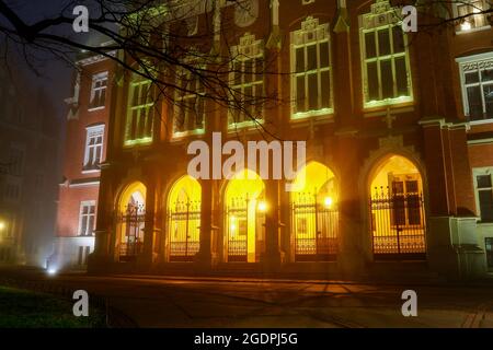night view of the old Central University Library In Bucharest located ...