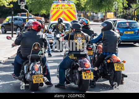 Bikers of the Screaming Demons motorcycle club arriving in Southend on ...