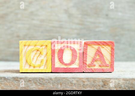 Alphabet letter in word COA (abbreviation of certificate of analysis ...