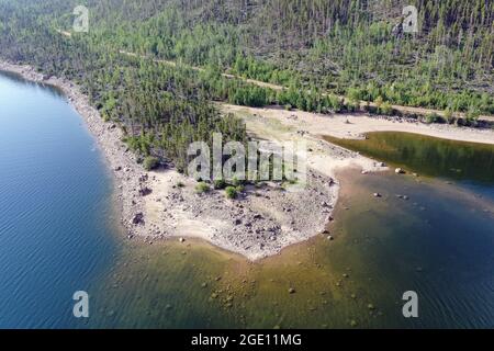 Aerial view of Lake Granby, Colorado and surrounding mountains and ...