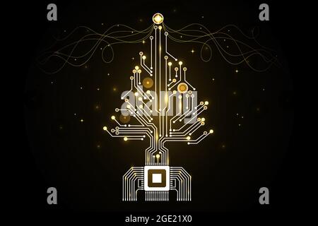 Christmas tree from digital electronic circuit. Abstract green lighting ...
