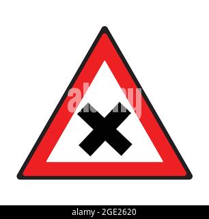 Cross road traffic warning sign vector illustration. Red triangle ...