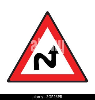 Right reverse bend sign. Red triangle background. Traffic safety signs ...
