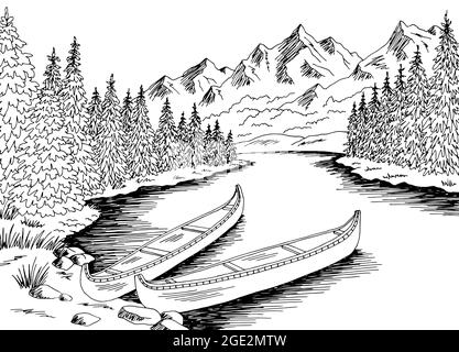 Kayak boat travel graphic black white river top aerial view landscape ...