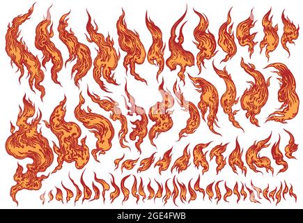 Flames. Design set. Editable hand drawn illustration. Vector engraving ...