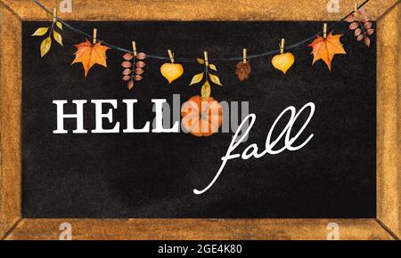 Chalk board with handwritten inscription Hello Fall. Beautiful ...