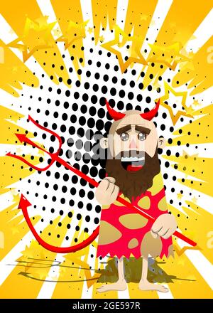 Cartoon prehistoric man devil with pitchfork. Vector illustration of a ...