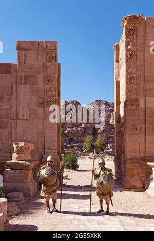 Themed gate to the sacred precinct with Nabataean guard soldiers, two ...