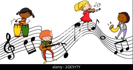 Musical melody symbols with many doodle kids cartoon character ...