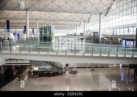 Hongkok, China. 03rd Aug, 2021. A view of a deserted check-in counter ...