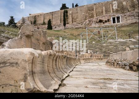 Stone chairs in the ancient Theatre of Dionysus Eleuthereus seen from ...