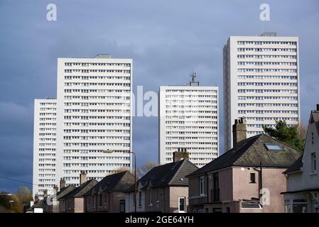 Re-clad high rise tower blocks, Sandyhills, Glasgow, Central Scotland ...