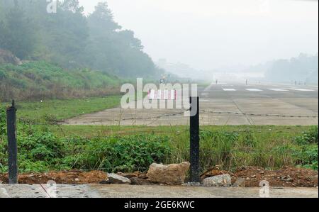 The broken concrete of the runway of the old airport of Athens,Elliniko ...