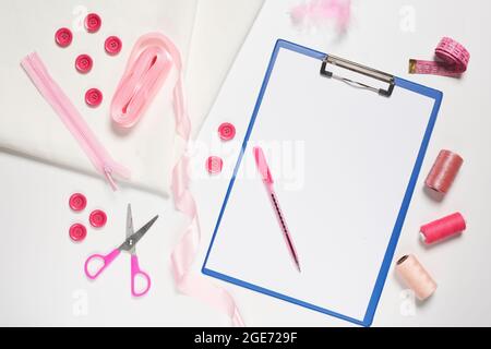 Sewing items from above. Flat lay composition with sewing accessories ...