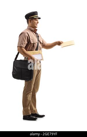 Full length profile shot of a mailman giving a letter to a businessman ...
