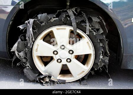 Destroyed blown out tire with exploded, shredded and damaged rubber on ...