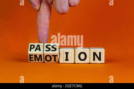 Passion or emotion symbol. Businessman turns a wooden cube and changes ...