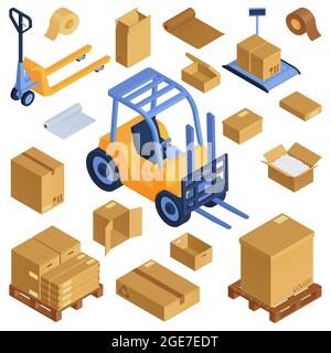 Isometric cardboard boxes pallet loader set with isolated icons of ...