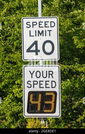 Speed limit sign. American radar enforced speed limit Stock Photo - Alamy