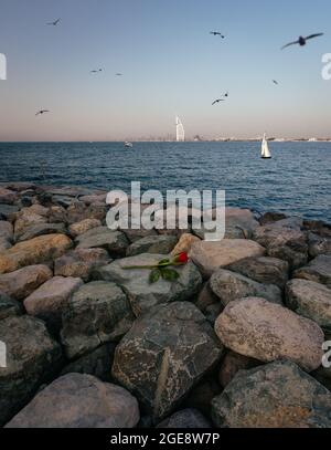 A beautiful shot of seascape with The Burj Al Arab under a blue sky ...