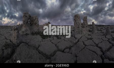 Picturesque scenery of rough rocky formations in mountainous terrain ...