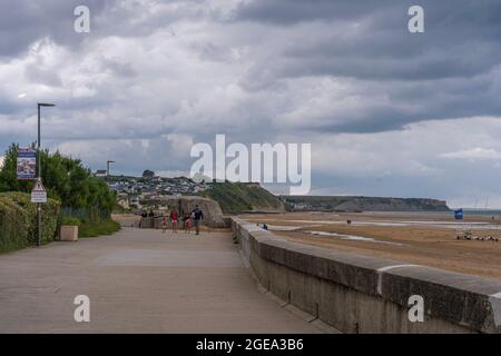 Asnelles-Sur-Mer, France - 08 04 2020: View of the sea and the pontoons ...