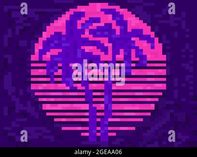 Pixel art palm trees at sunset in 80s style. 8-bit sun synthwave and ...