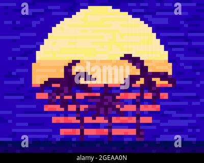Pixel art palm trees at sunset in 80s style. 8-bit sun synthwave and ...