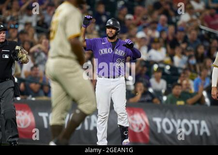 San Diego Padres' Elias Diaz hits against the Athletics during a spring ...