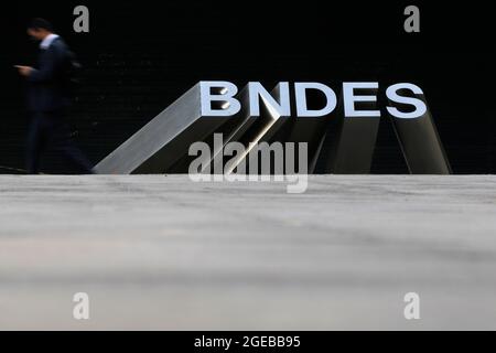 BNDES bank logo on building headquarters. Brazilian national state ...